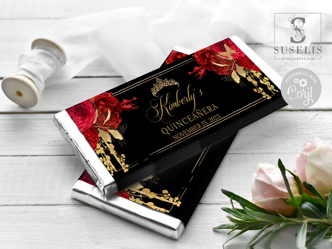 EDITABLE Quinceañera Chocolate Wrapper Candy Bar, Red Rose Flowers, Mis ...