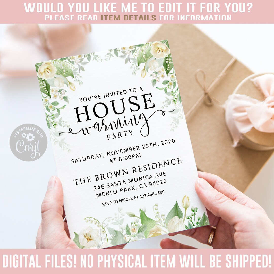 EDITABLE Greenery House Warming Party Invitation, Corjl Template, White ...