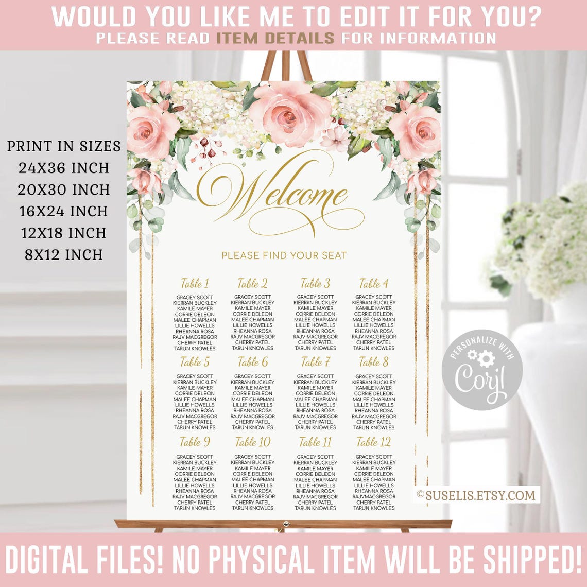 EDITABLE Seating Chart, Table Plan, Blush Pink Floral, Find Your Seat ...