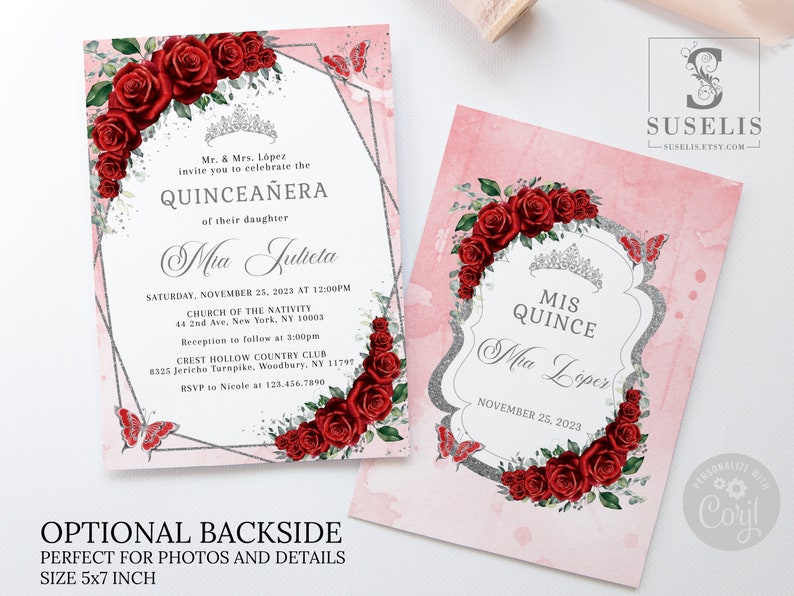 EDITABLE Quinceanera Invitation & Back Template Ruby Red - Etsy