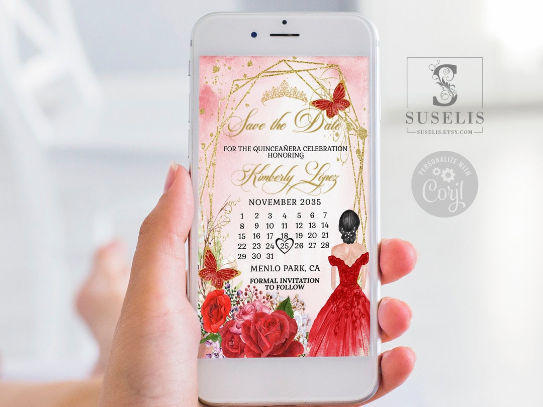 Editable Save the Date Evite, Calendar, Text Invite, Red Gold Floral ...