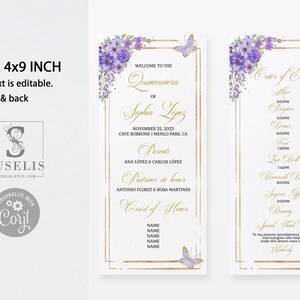 EDITABLE Program Template, Purple Flowers, Quinceañera, Sweet Sixten ...