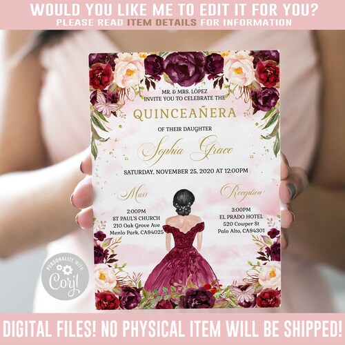 DIY Editable Quinceanera Invitation Red Burgundy Flowers - Etsy