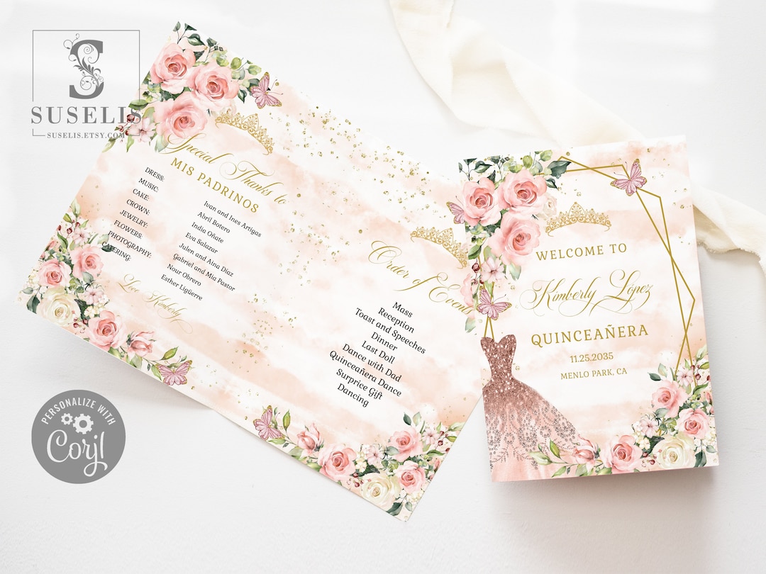EDITABLE Bi-fold Quinceanera Program Template, Blush Pink Gold Flowers ...
