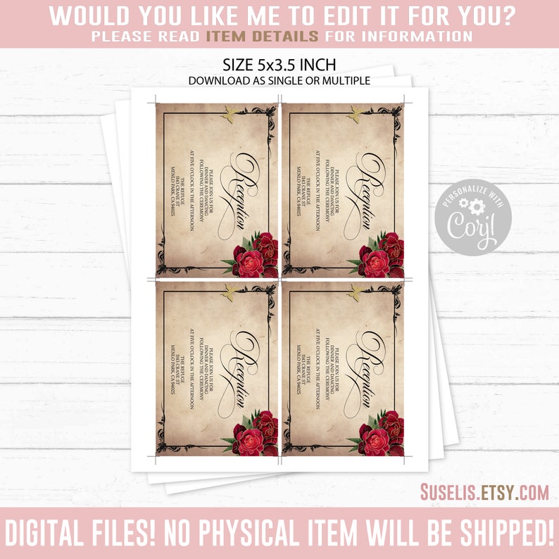 Editable Reception Card Vintage Red Roses Rustic Inserts - Etsy