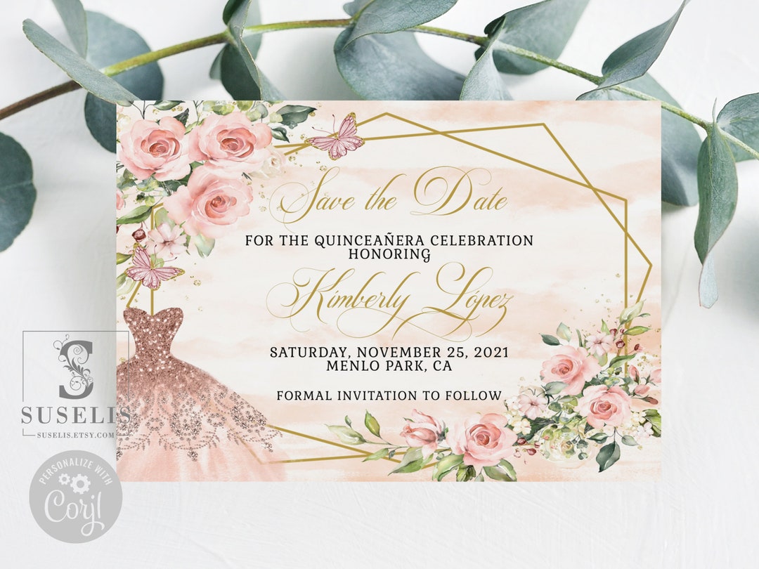 Editable Save the Date Template, Blush Pink Flowers, Quinceañera, Sweet ...