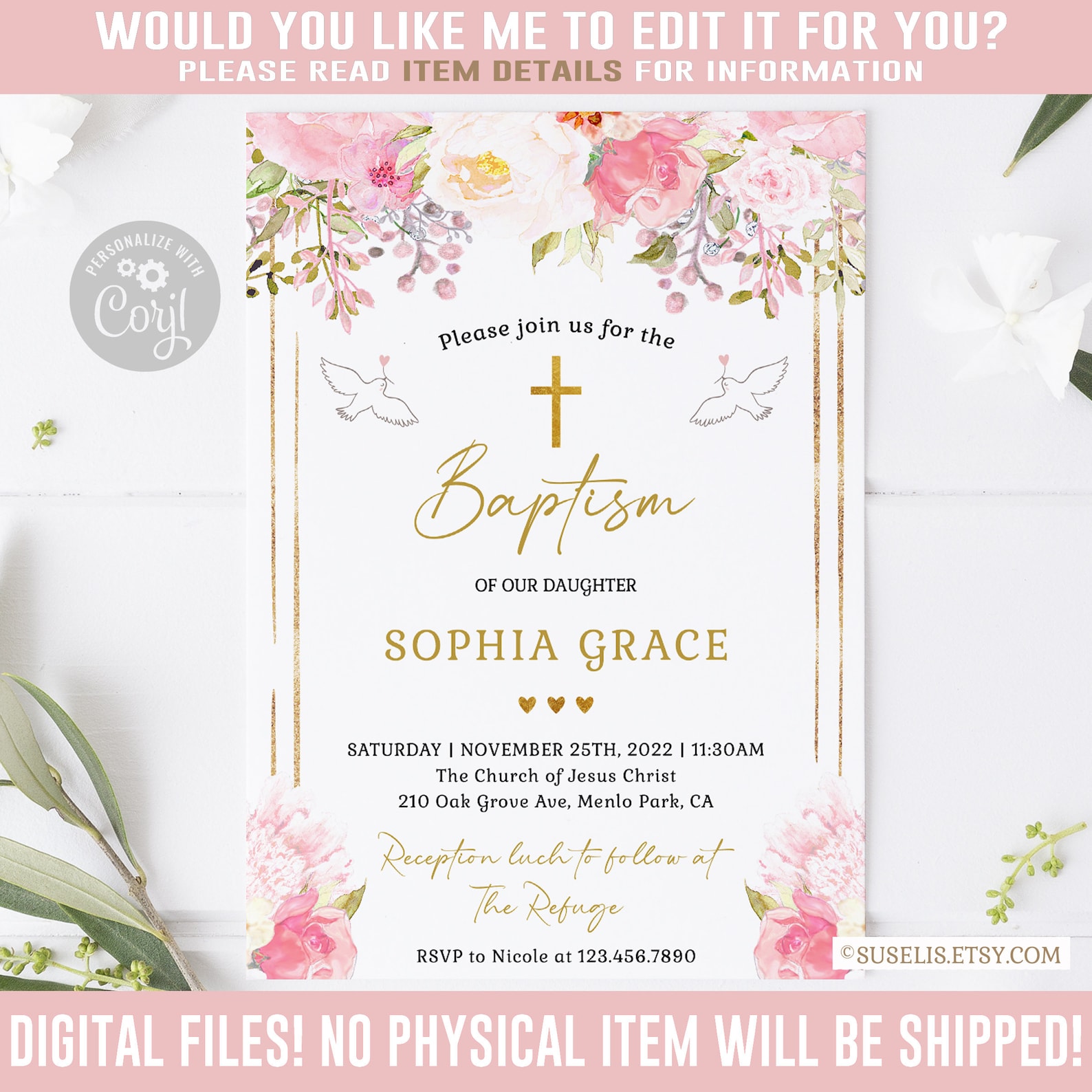 Editable Girl Baptism Invitation Corjl Template Invite | Etsy