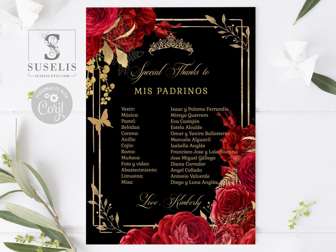EDITABLE Lista De Padrinos, Special Thanks, List of Godparents, Red ...