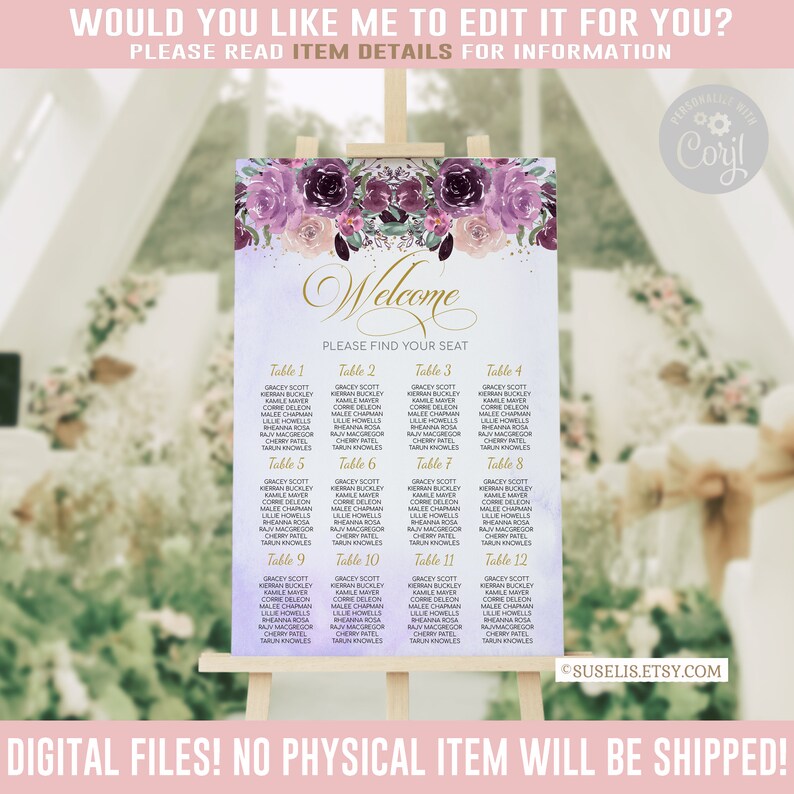 EDITABLE Seating Chart Table Plan Watercolor Purple Gold - Etsy