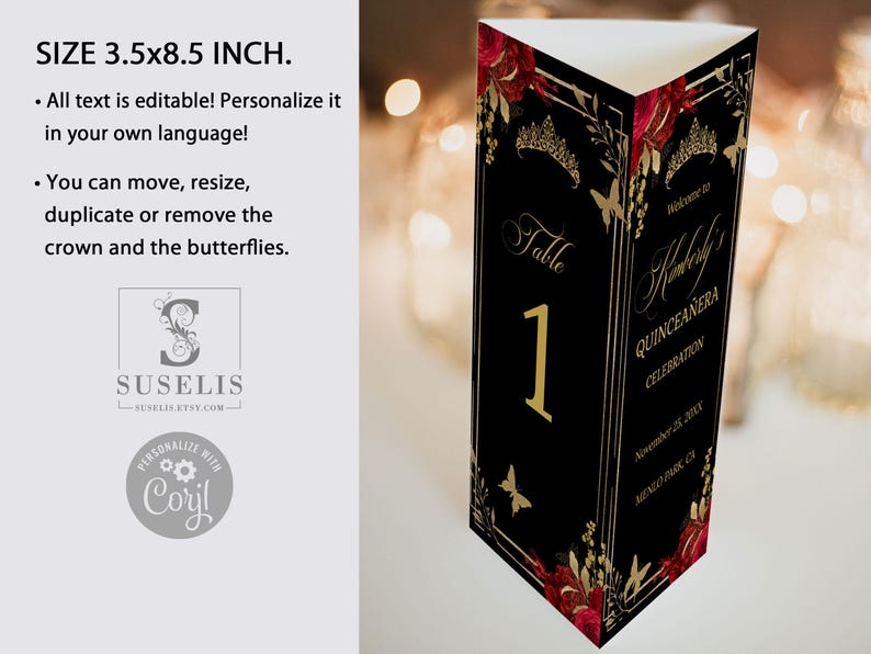 EDITABLE Template Tri-fold Table Stand, Black Red Flowers, Trifold ...