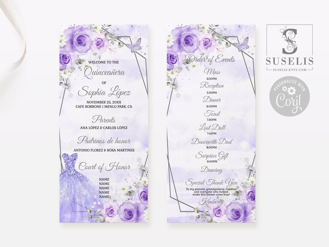 EDITABLE Program Template, Quinceañera, Lavender Flowers, Butterfly ...