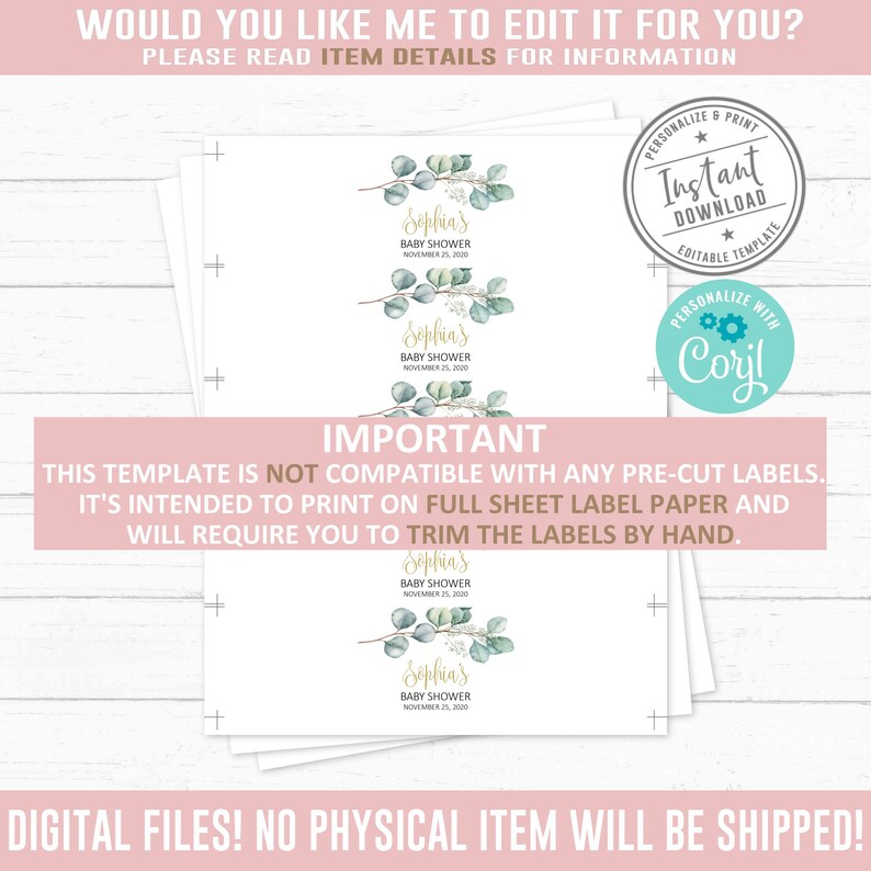 EDITABLE Water Bottle Labels Greenery Birthday Baby Shower - Etsy