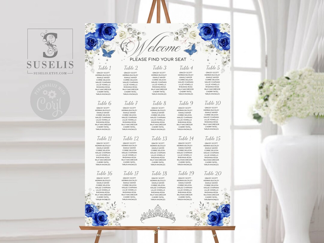 EDITABLE Seating Chart Template, Royal Blue Silver Flowers, Seating ...