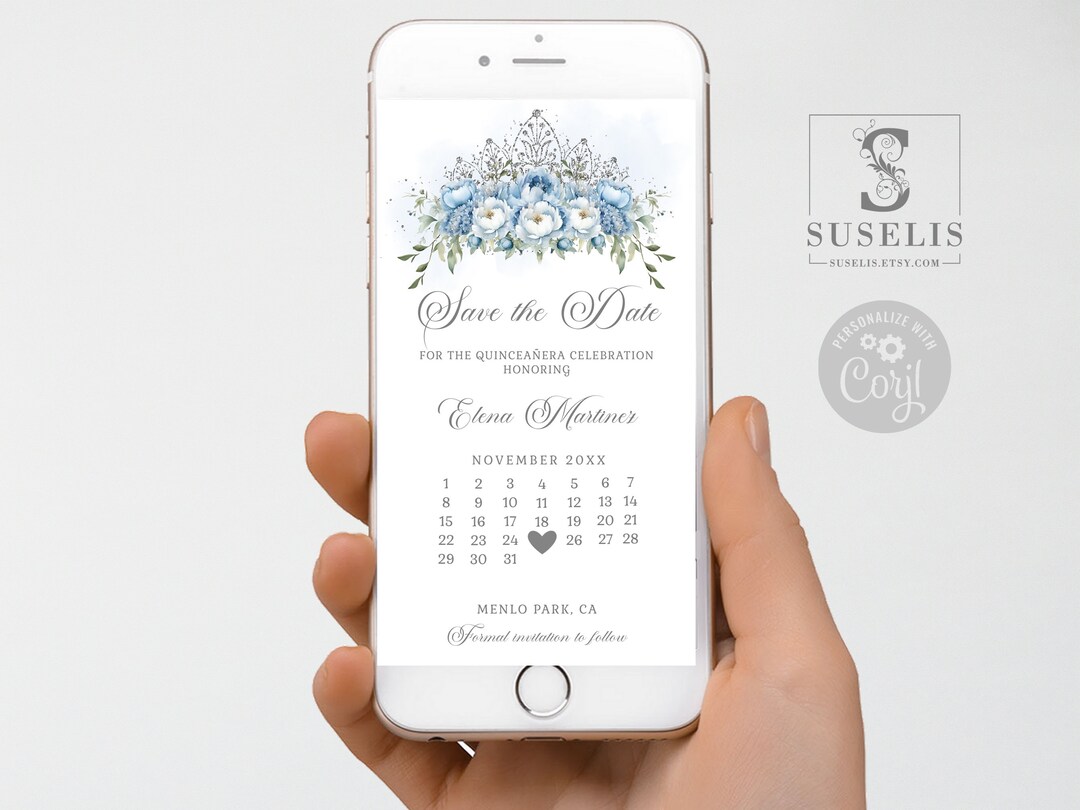 Editable Template Calendar Save the Date Evite, Text Invite, Baby Blue ...