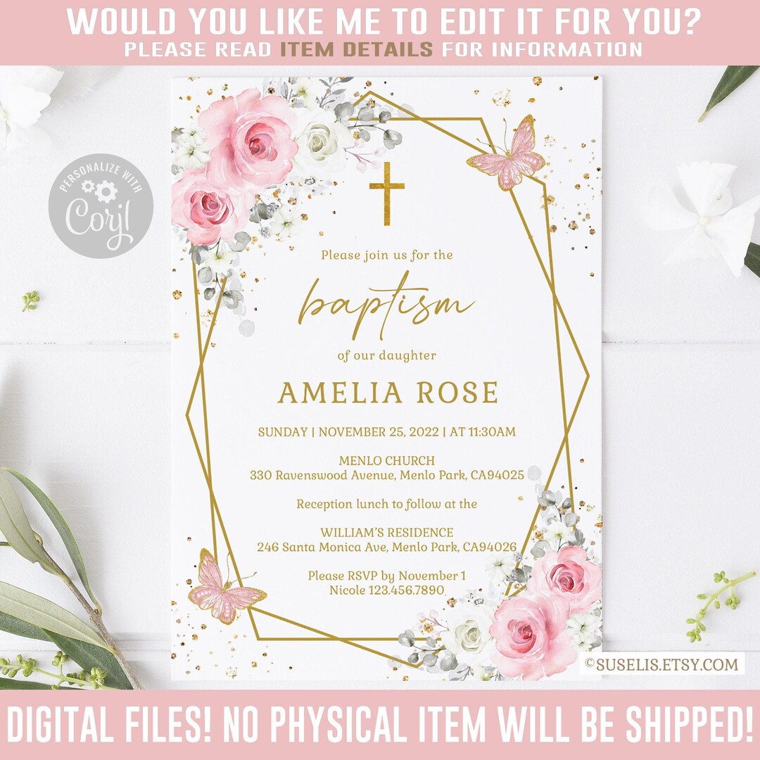 EDITABLE Girl Baptism Invitation, Corjl Template, Butterfly Blush Pink ...