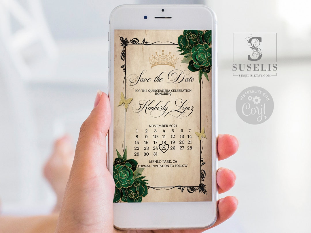 Editable Save the Date Evite Calendar Template, Text Invite, Emerald ...