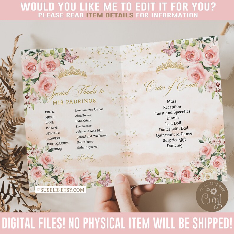 EDITABLE Bi-fold Quinceanera Program Template Blush Pink Gold - Etsy
