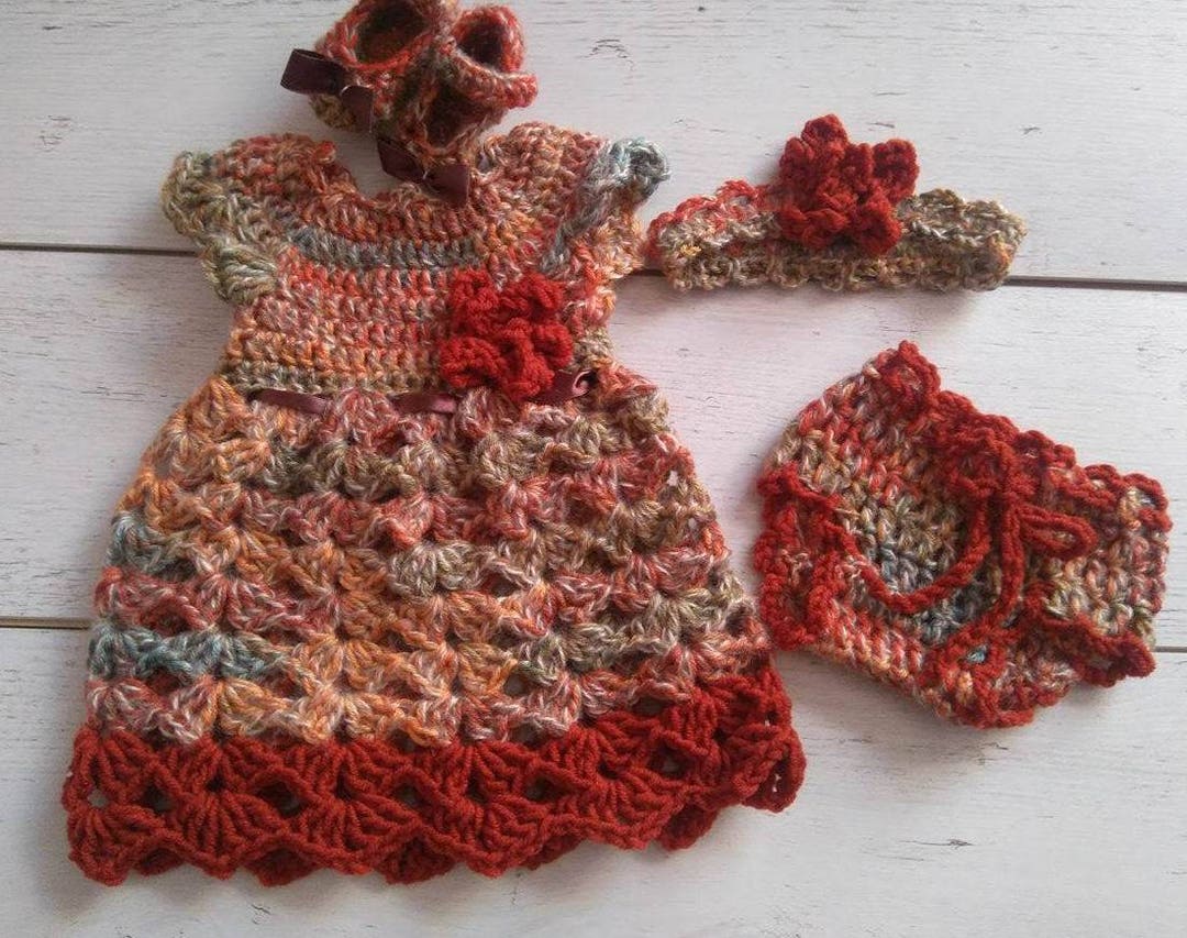 Fall Baby Dress Headband Diaper Cover and Shoes , Crochet Autumn Baby ...