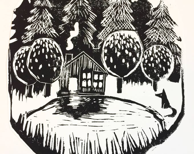 Cabin in the Woods by the Lake Linocut Print Original - Etsy