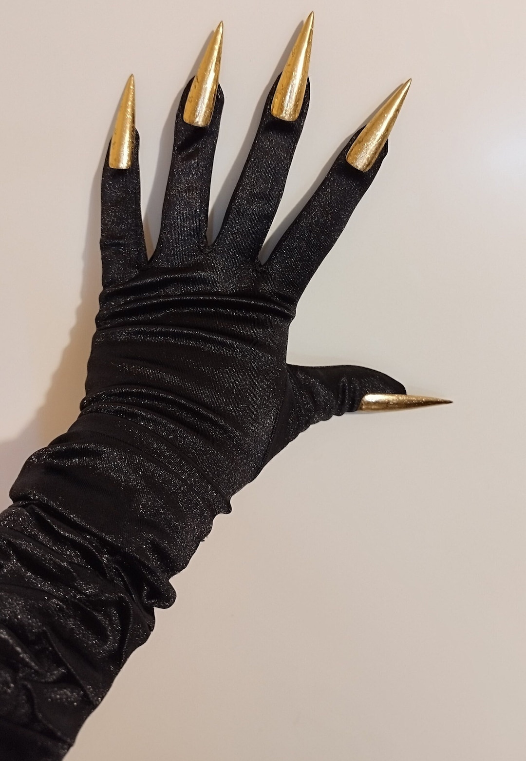 NEW Black Satin Gloves With Gold Nails Elbow Length Gloves for Drag ...