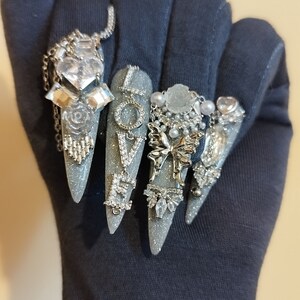 Long Graphite Gloves Opera Length With Silver Long Stiletto Nails ...