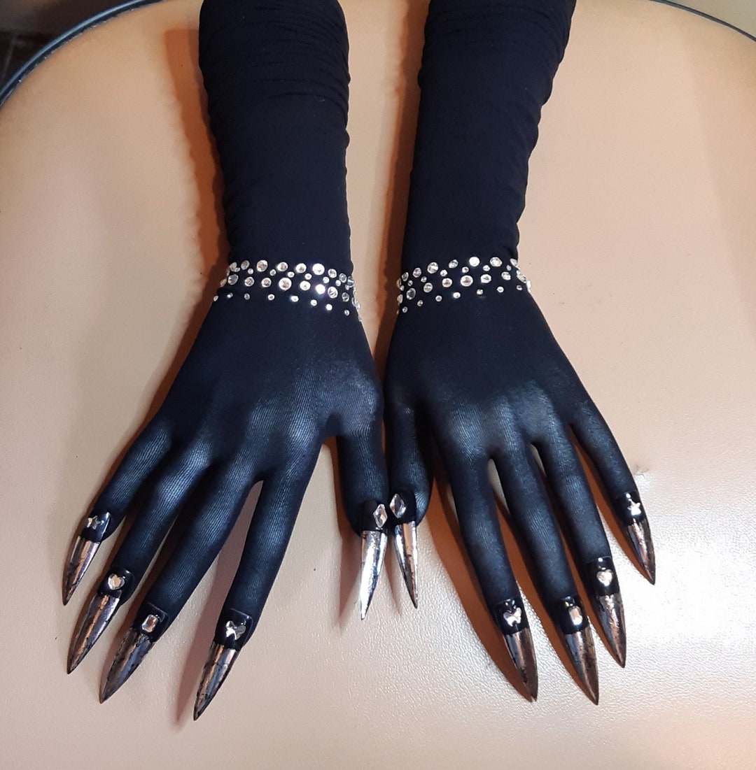 Translucent Black Gloves With Opera Length Nails for Drag Queen ...