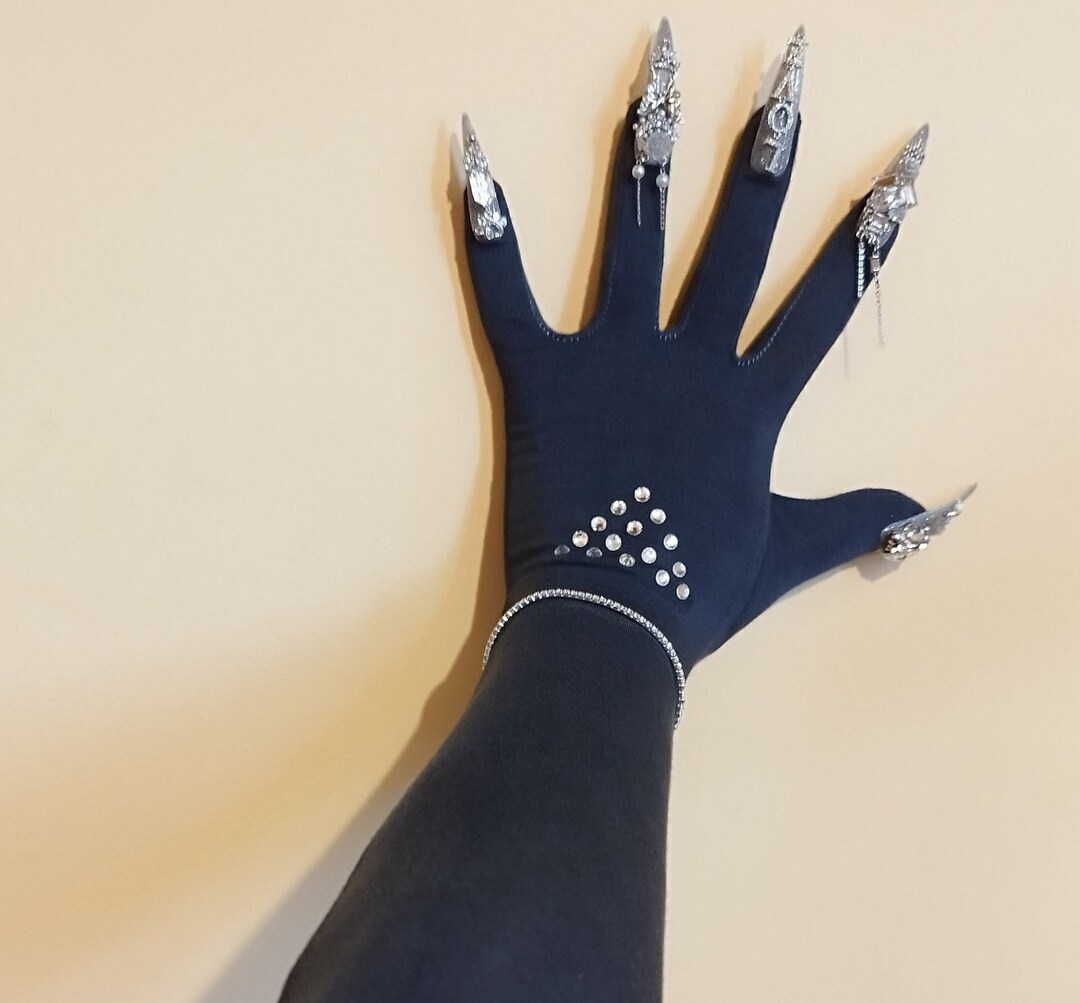 Long Graphite Gloves Opera Length With Silver Long Stiletto Nails ...