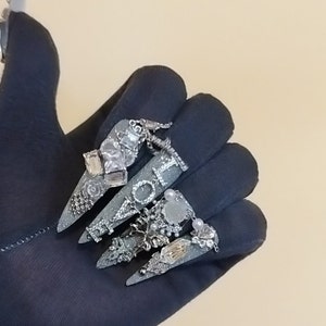 Long Graphite Gloves Opera Length With Silver Long Stiletto Nails ...