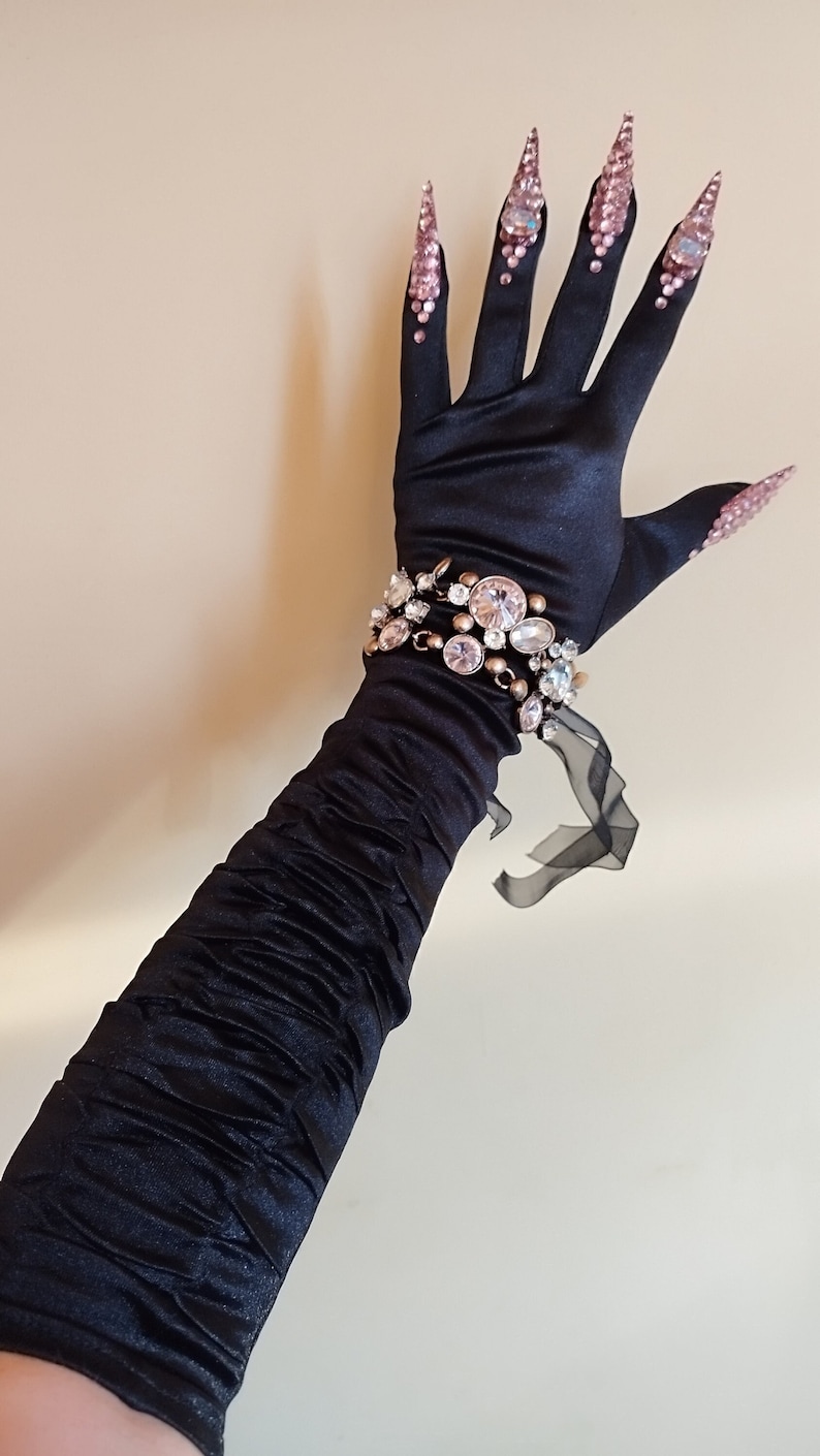Black Satin Elbow Length Gloves Crystal Nails Two Bracelets and ...