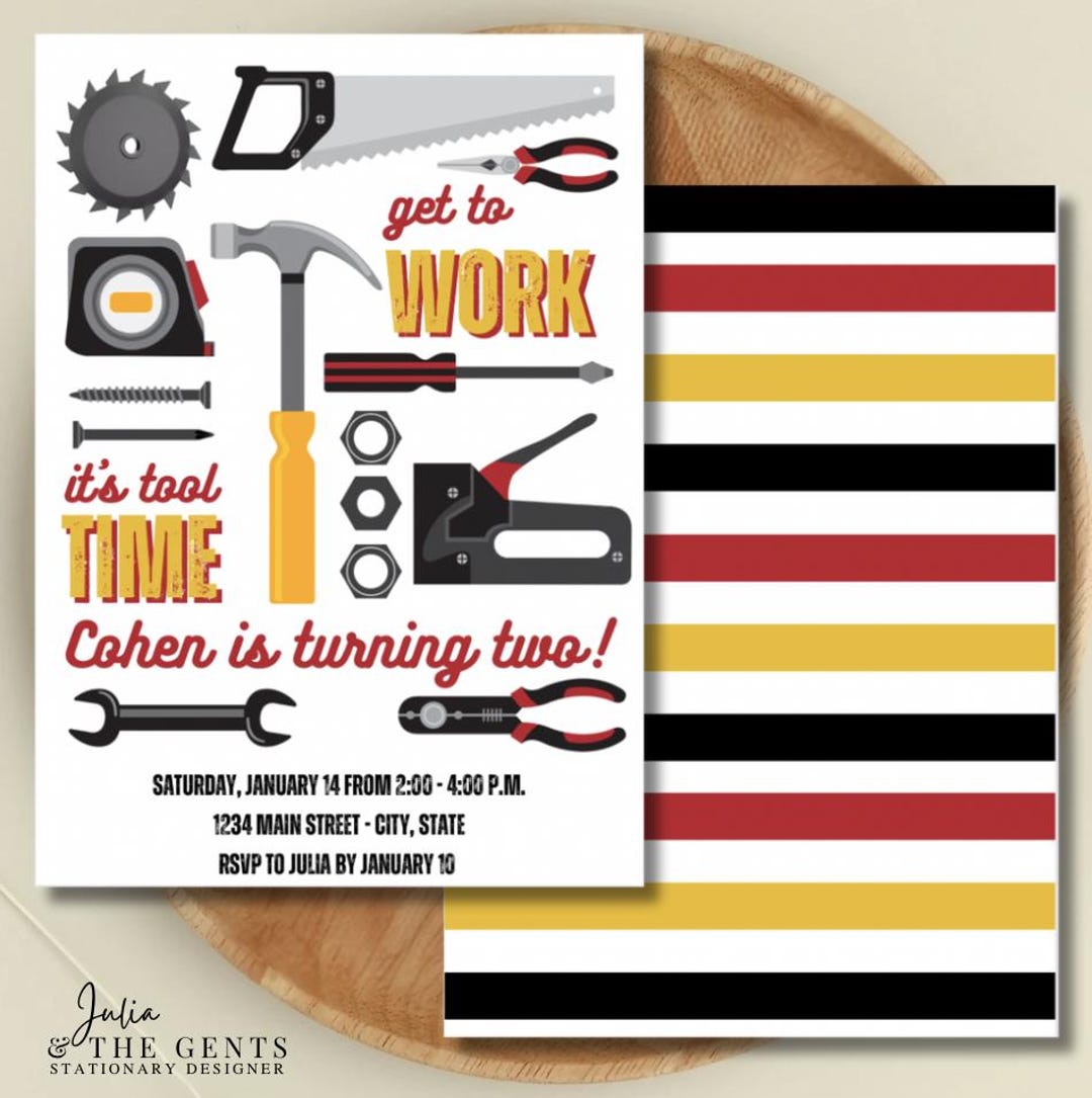 It's Tool Time, Red Black Yellow Birthday Invitation, Bolts, Nuts ...