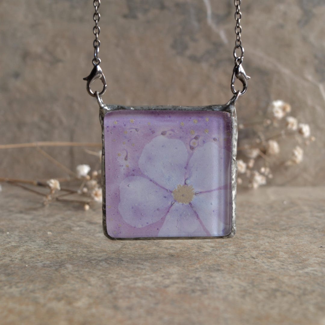 Magnolia Flower Necklace in Lilac Color, Hand Painted, Square Pendant ...