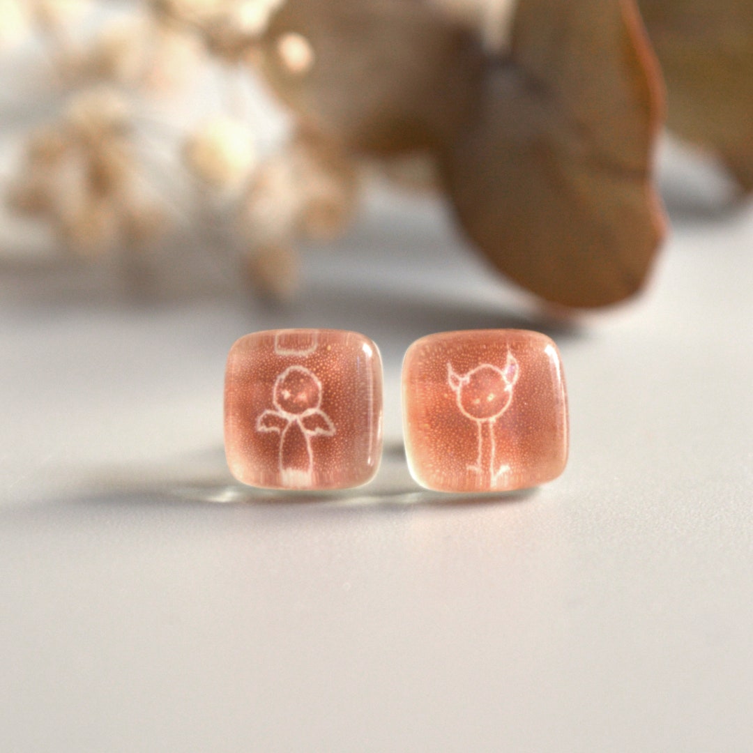 Angel and Devil Earrings, Cute and Fun, Pink Quirky Stud Earrings ...