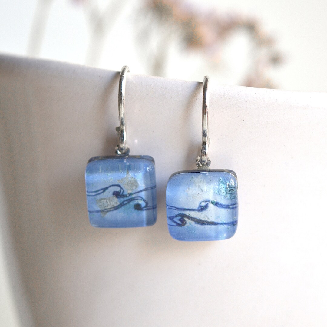Fused Glass Wave Earrings: Sterling Silver Dangle Drop, Ocean Blue - Etsy
