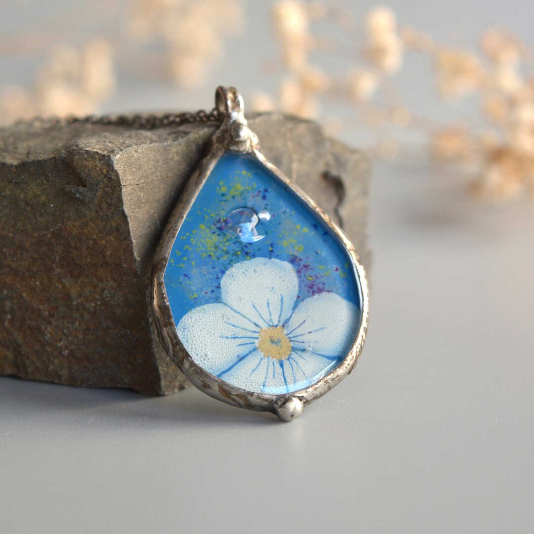 Unique Necklace With White Flower on Cerulean Blue Base, Stained Glass ...
