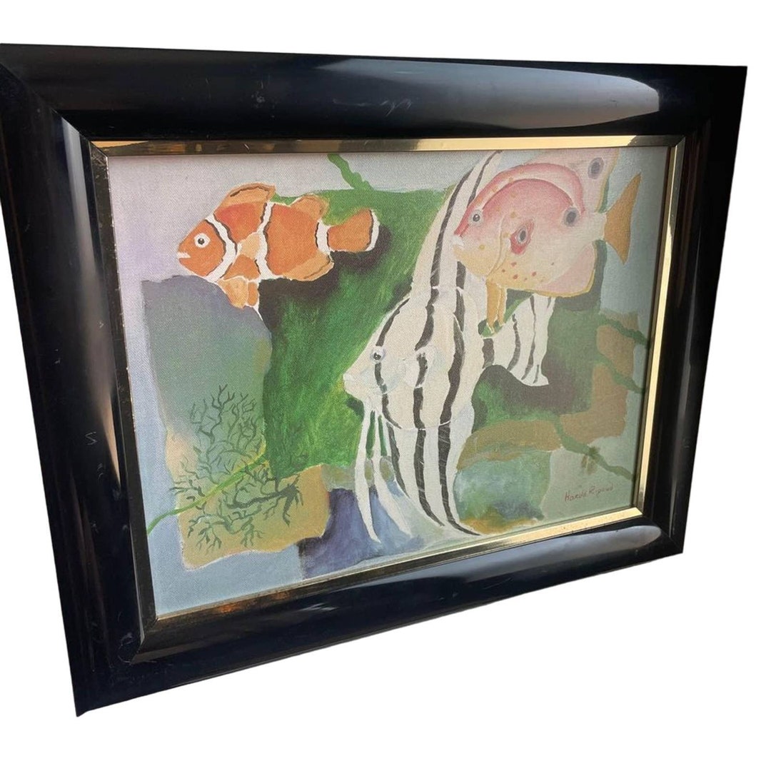 Vintage 80s Harold Rigaud Tropical Fish Art Lithograph on Canvas Print ...