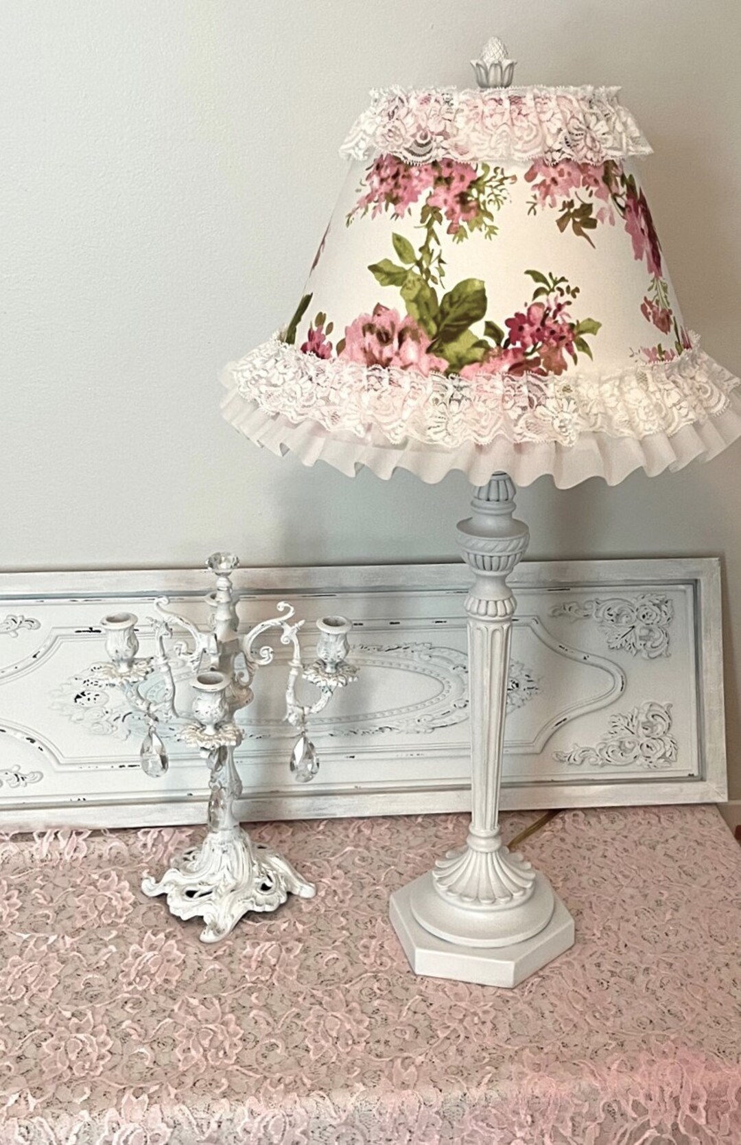 Tall Ornate White Lamp With Shabby Rose Lace Ruffled Shade - Etsy