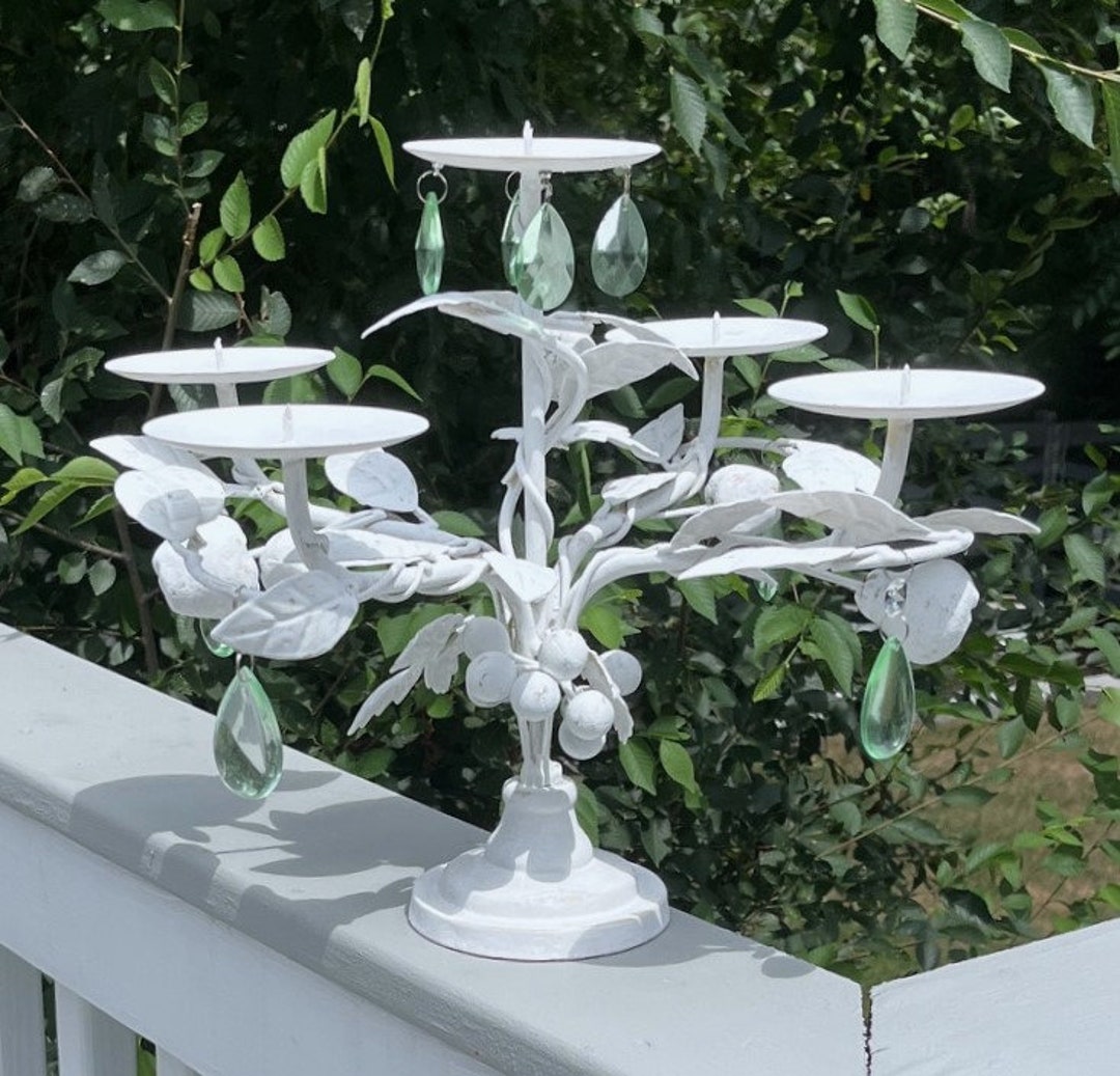 Large Vintage Iron Tole Candelabra With Green Prisms, Painted White for ...
