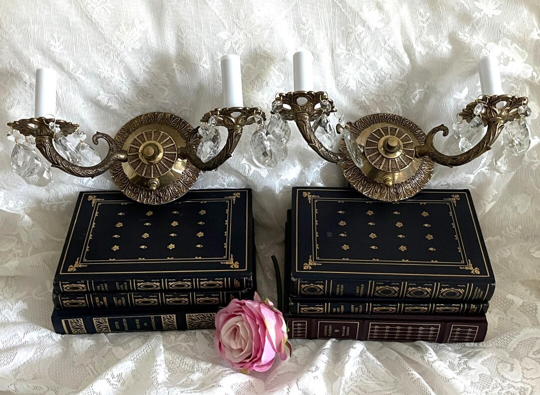 Pair of Double Arm Brass Sconces With Crystals, Midcentury Spain Style Sconces - Etsy