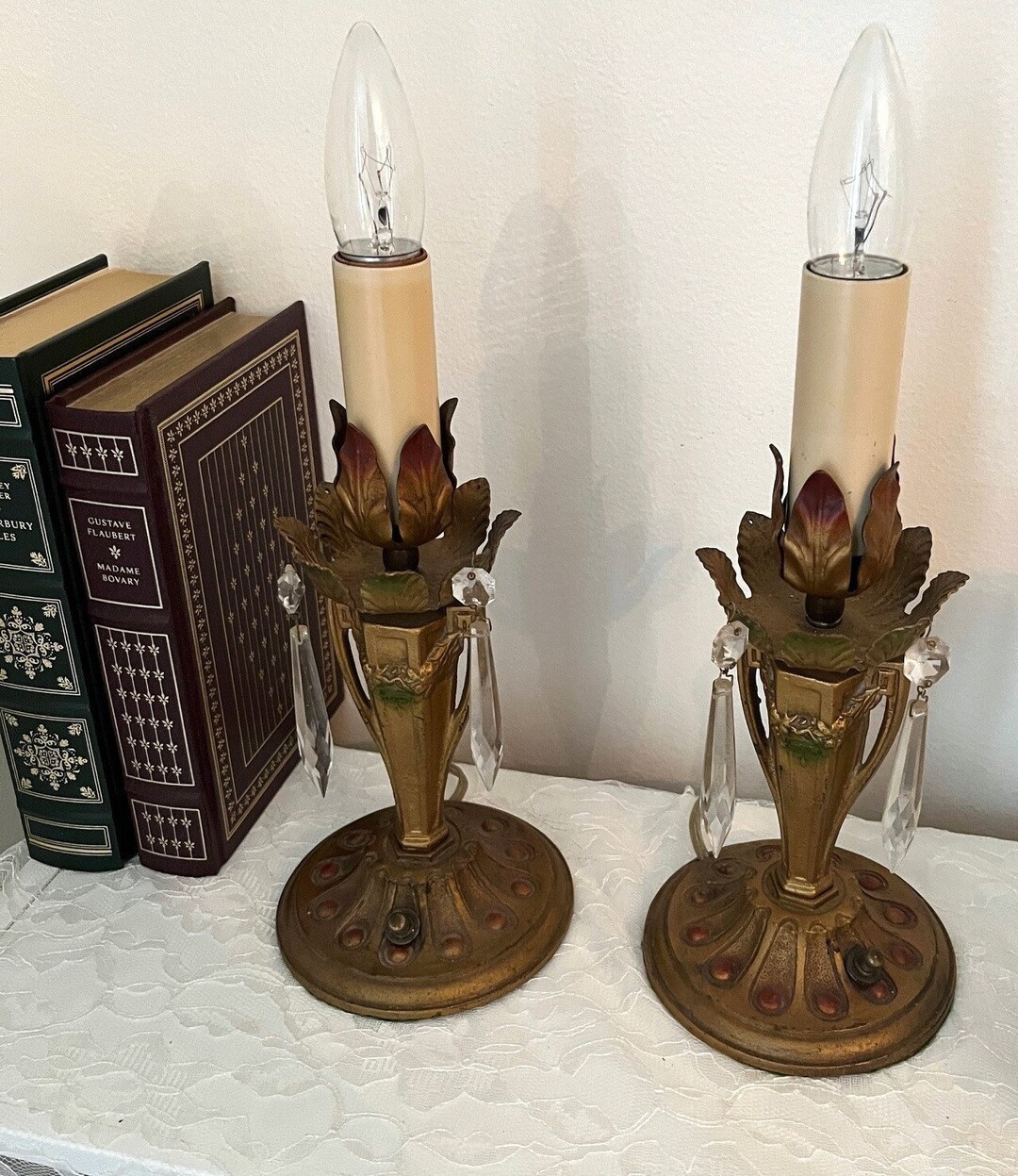 Pair of Antique Art Nouveau Lamps With Crystals, Antique Boudoir Lamps ...