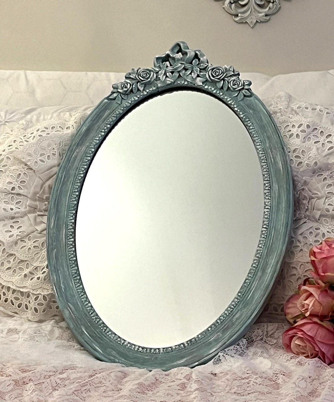 Distressed Oval Mirror With Ribbon and Rose Design, Vintage Style Wall ...