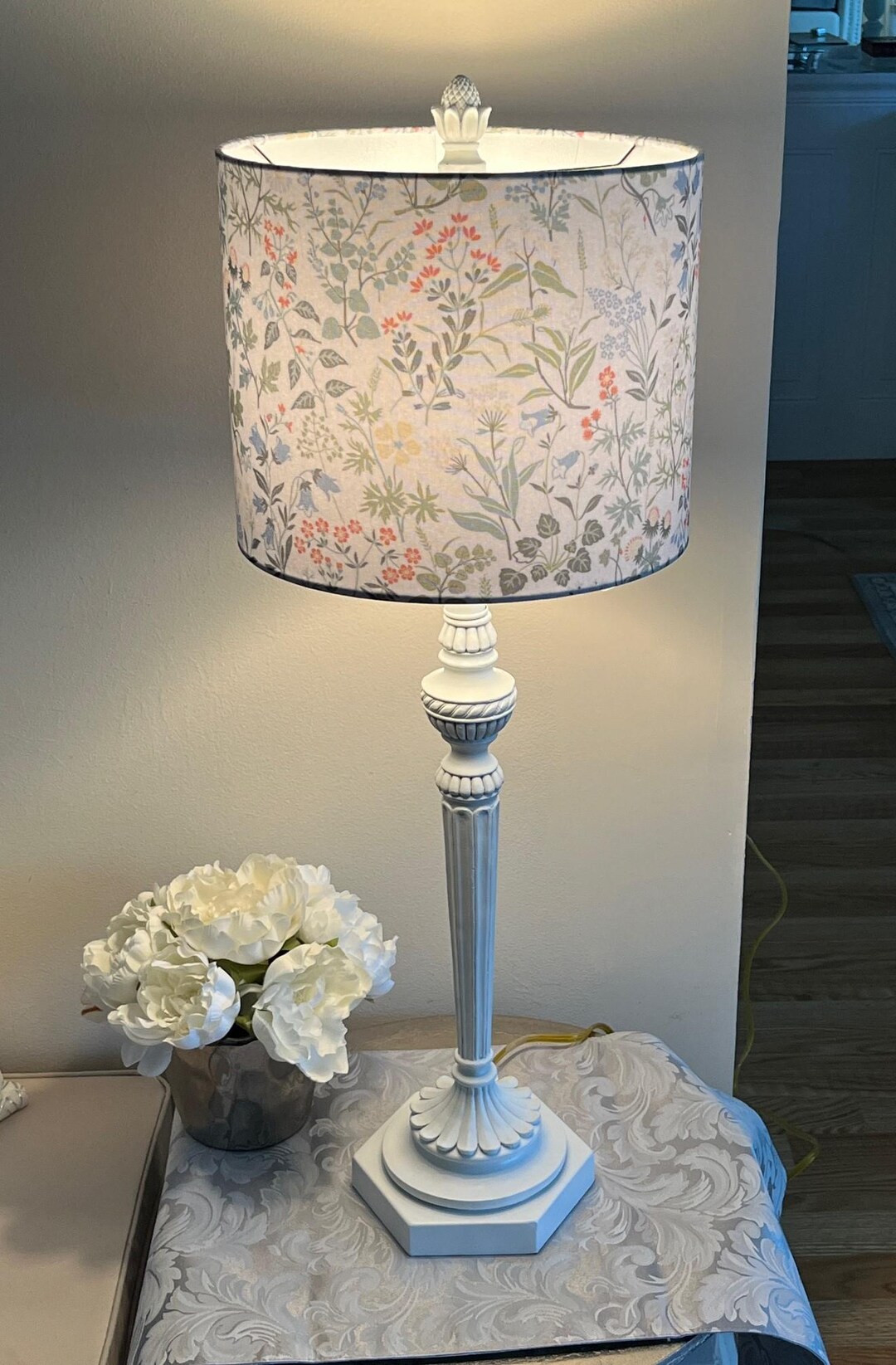 Tall Ornate White Lamp With Floral Lampshade, Vintage Cottage Style ...