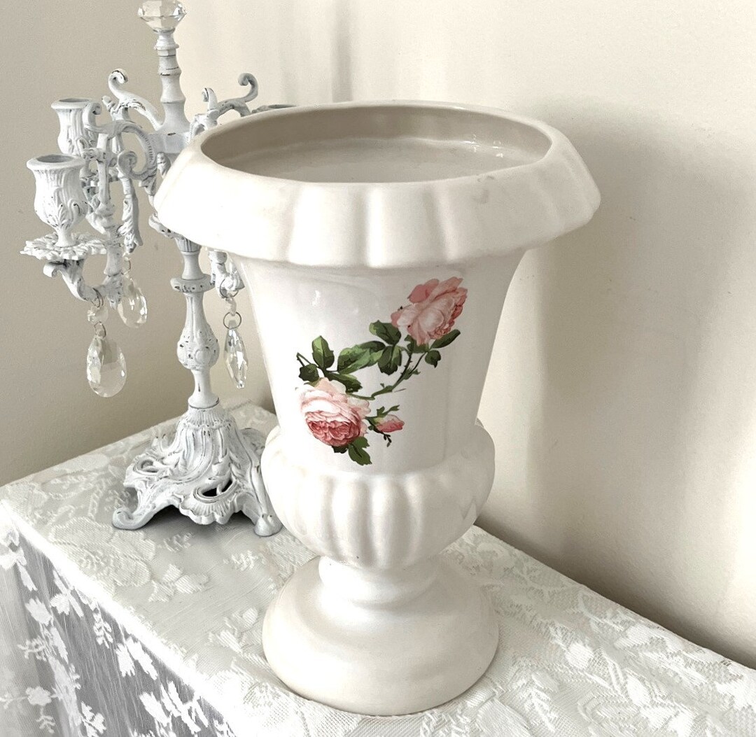 Lovely Tall White Flower Urn With Roses, Shabby, French Decor - Etsy