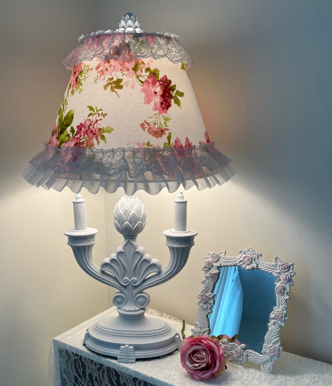 Large White Ornate Lamp With Pink Floral Lampshade, Shabby Cottage ...