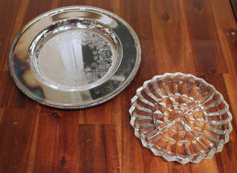 Vintage Silver Plated Tray W/ Glass Relish Tray Divided Dish ...