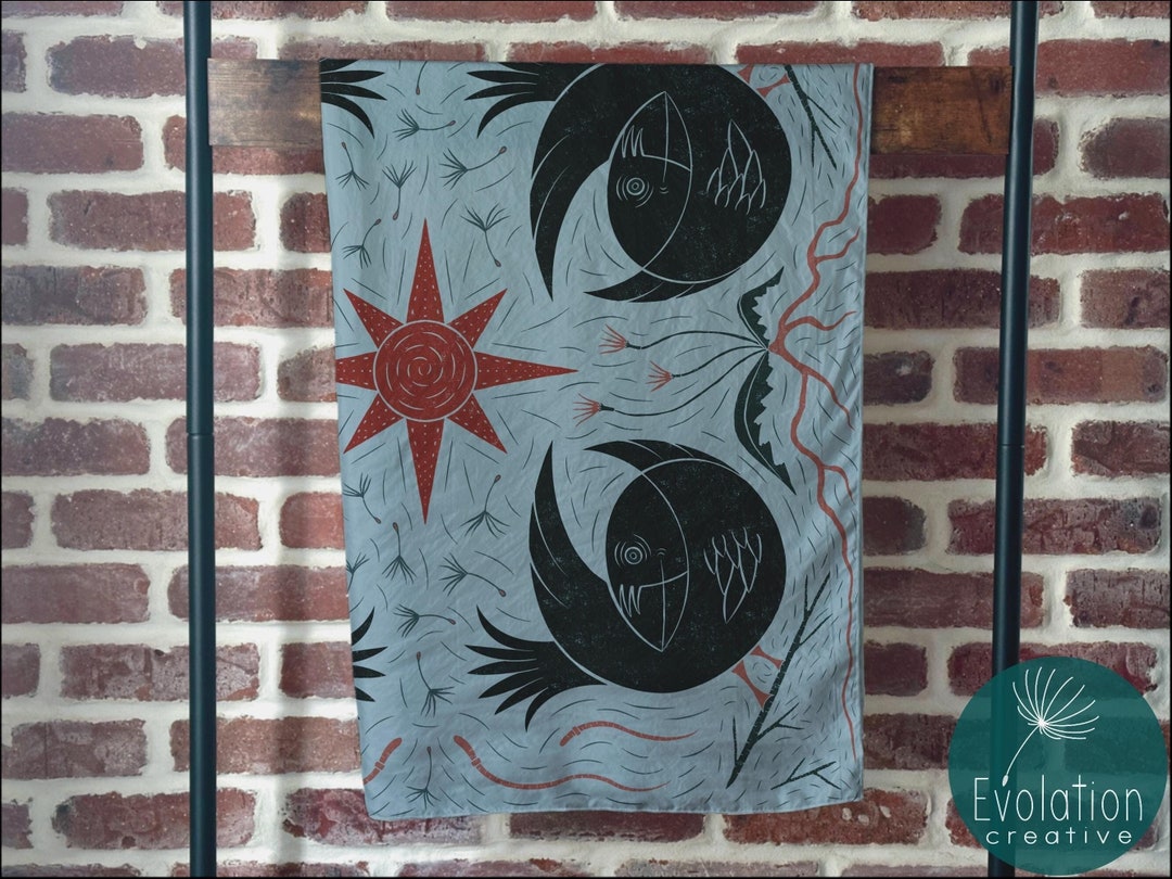 Block Print Raven Bandana With Red Sun Dandelion Root Worms Linocut ...