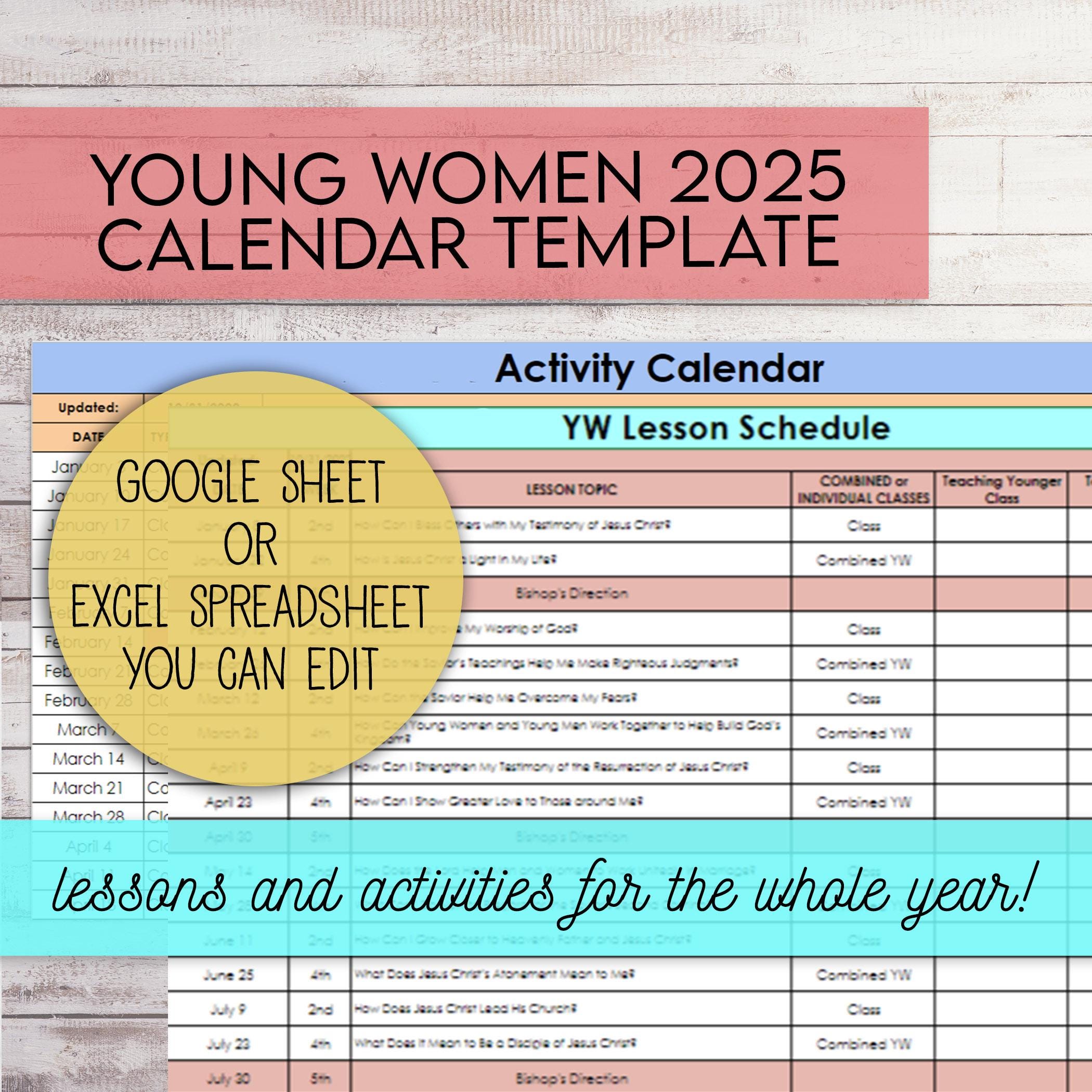 Young Women Activity and Lesson Calendar Planner 2025, YW Activity ...