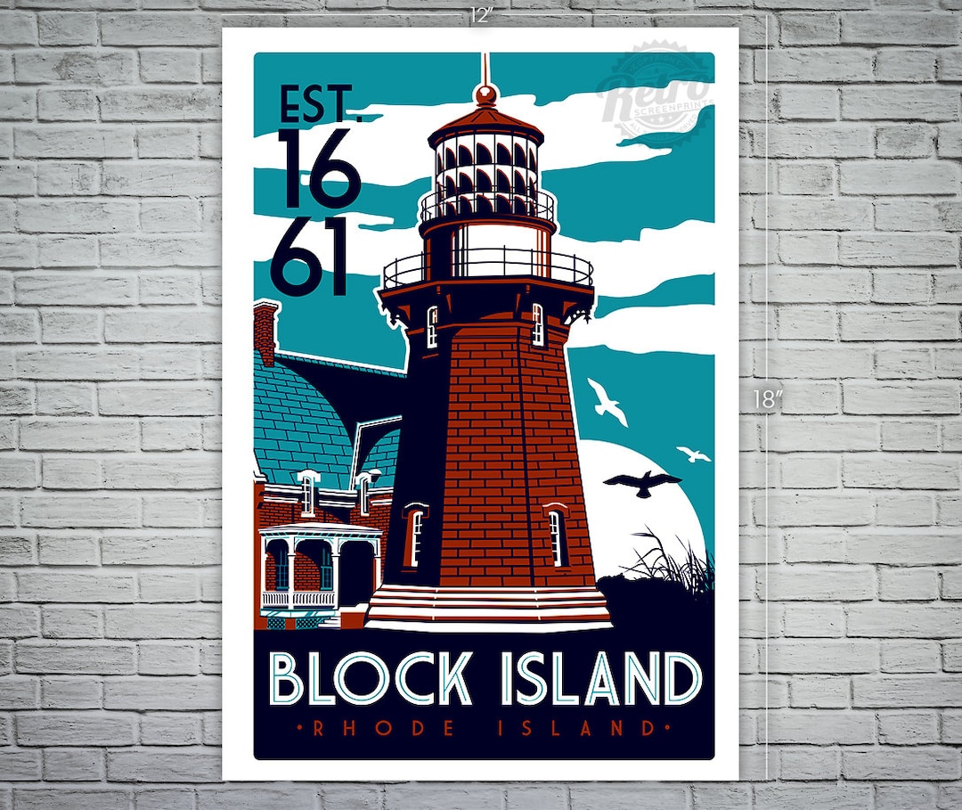 Block Island Light House Retro Vintage Screen Print Poster Rhode Island ...