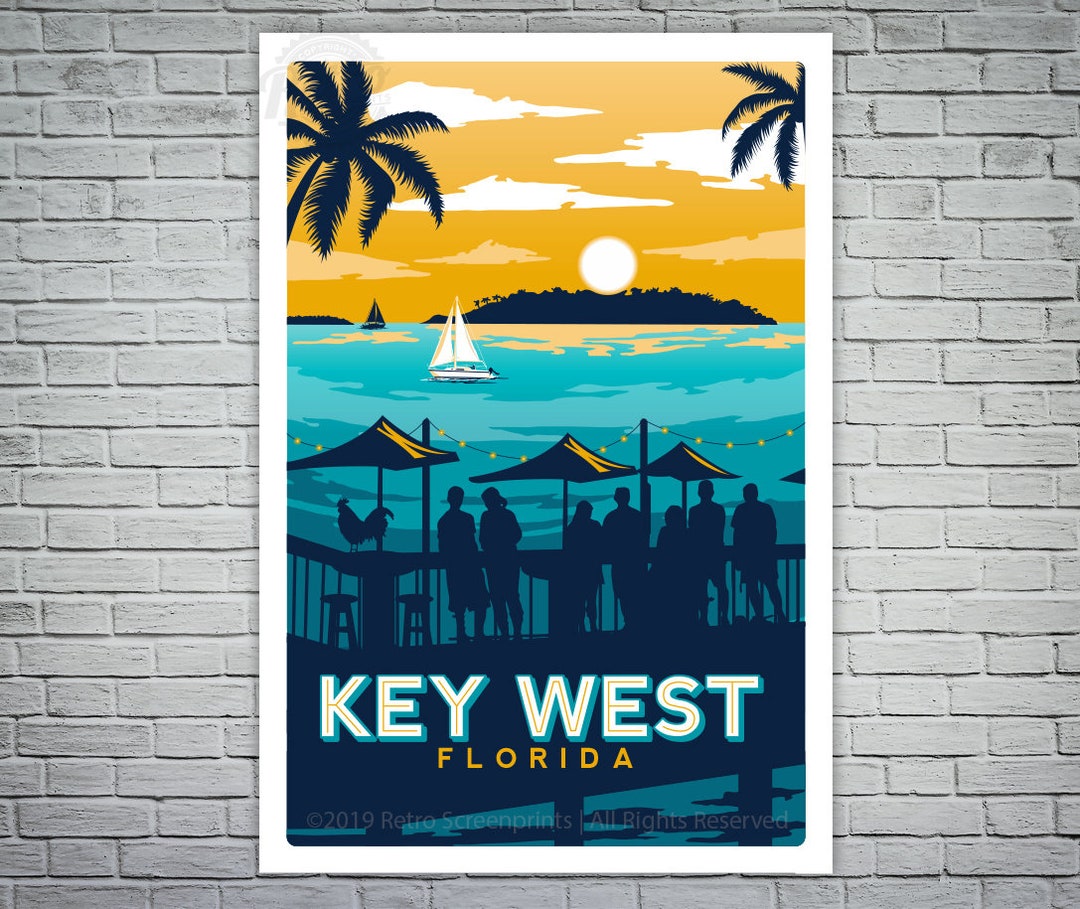 Key West Sunset Pier Screen Print Vintage Travel Poster - Etsy