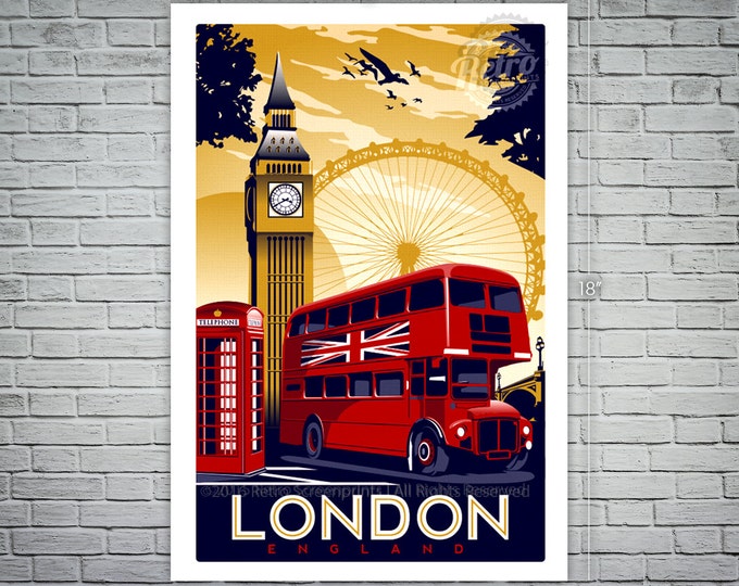 London England Vintage Retro Travel Screen Print Poster - Etsy