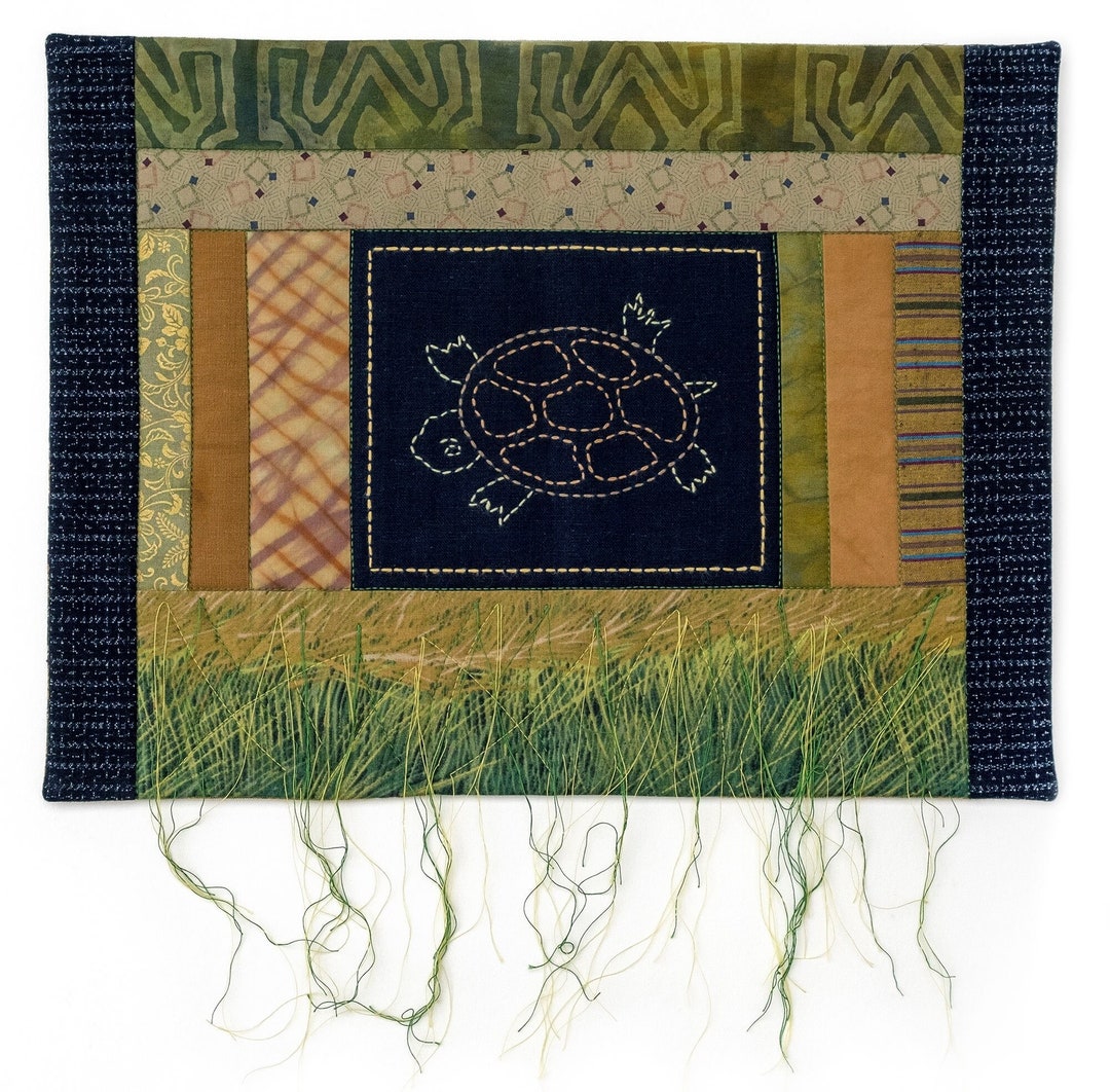 Sashiko Turtle in the Grass on Japanese Indigo, Hand-embroidered Small ...